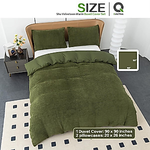 QUILTINA Shu Velveteen Warm Duvet Cover Set Queen Size with 2 Pillowcases, Coral Fleece Luxury Quilt Cover Anti-Static for Winter, Double Sided Velvet and Sanded Blanket, Army Green, 90" x 90"