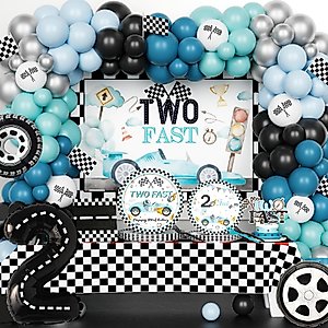 Fiesec Two Fast Birthday Decor, 2nd Birthday Decorations for Boys, Race Car Second Party Supplies, Retro Vintage Car Backdrop Balloon Tablecloth Cake Topper Tableware Set Plates Napkins Forks