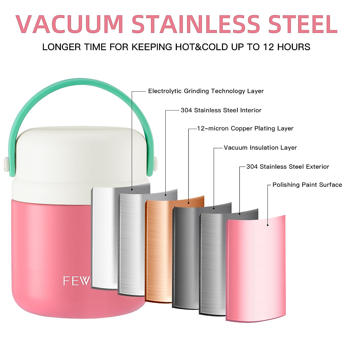 FEWOO Food Jar, 13.5oz Insulated Lunch Soup Container for Hot Cold Food for Kids Adults, Leak Proof Vacuum Stainless Steel Food Jar with Folding Spoon for School Travel Outdoors (Green-Pink)