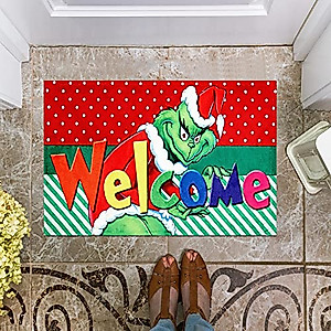 EVECLIOO Christmas Door Mat, Green Cartoon Character Car Kitchen Rug Decor of Winter Holiday Party Home Decorations Non-Slip, Washable, Stain and Resistant Fade, Welcome