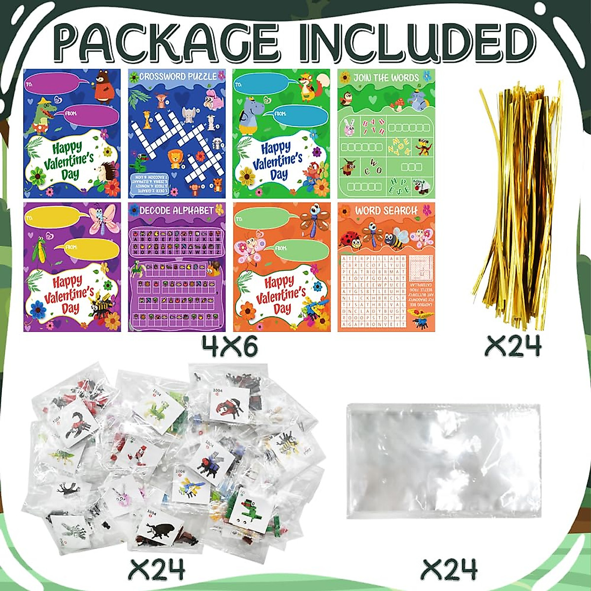 Valentines Day Cards for Kids Classroom, 24 Packs Animals and Insects Building Blocks with Valentines Day Cards for Kids Valentines Gifts Exchange, Valentine Party Favor, Classroom Exchange Prize