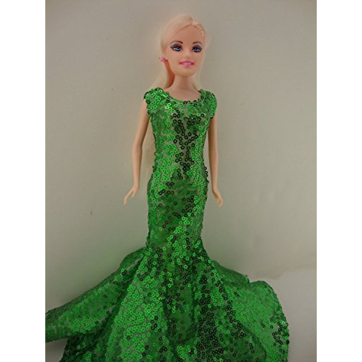 Awe Inspiring Green Sequined Mermaid Gown Made to Fit Barbie Doll
