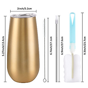 6 Pack Stemless Double Insulated Champagne Flute Tumbler with Lid, 6 Oz Unbreakable Reusable Cocktail Cups Champagne Toasting Glasses, Birthday Christmas Gifts for Friends, Wine Glass Tumbler, Golden