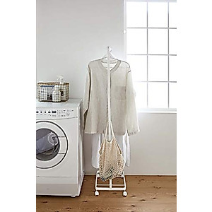 Yamazaki Home Laundry Hanging Bar and Wire Storage Rack | Steel + Wood | Tall | Rolling Carts, White
