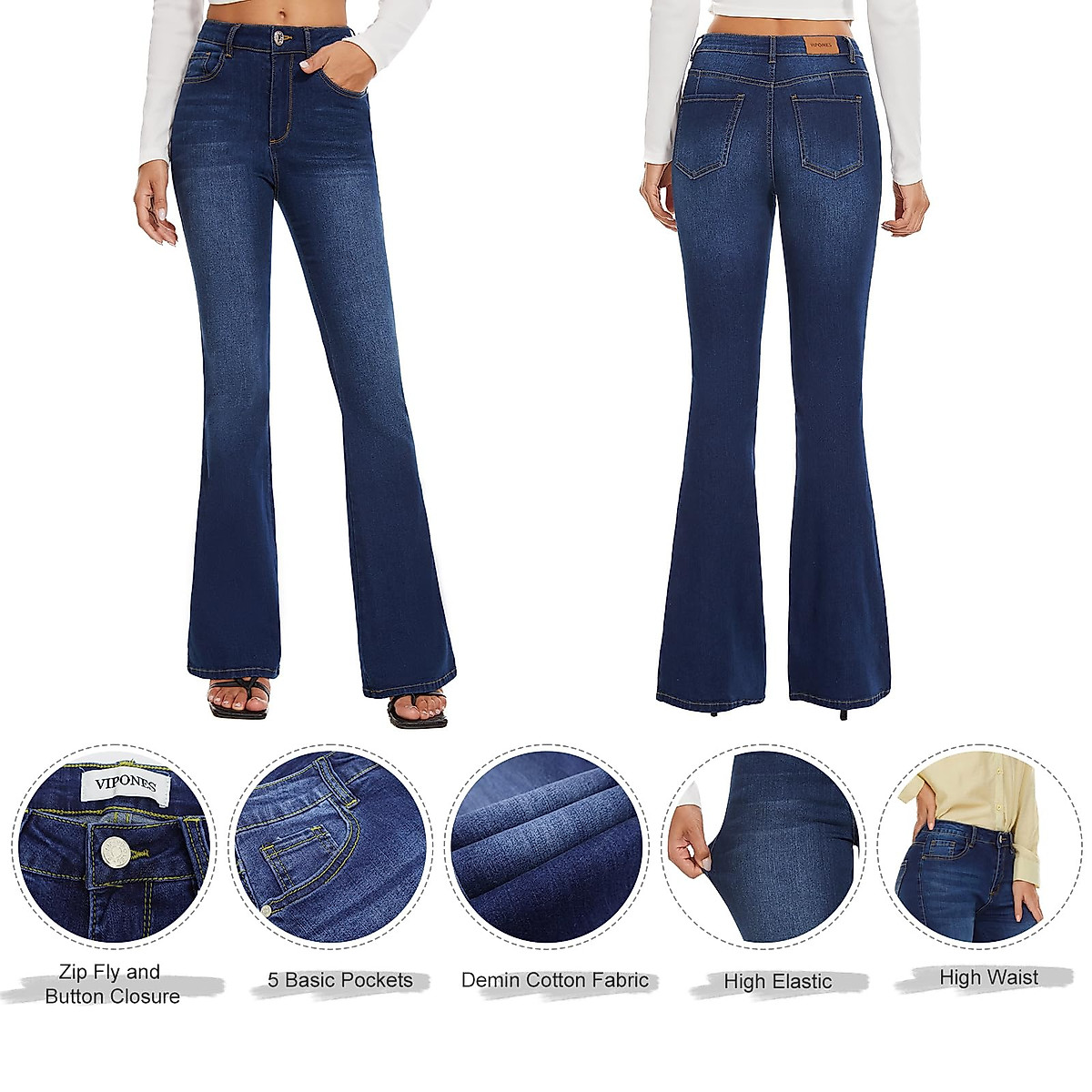 VIPONES Jeans for Curvy Women High Rise Bell Bottom Dark Blue Jeans(109,Size 8)