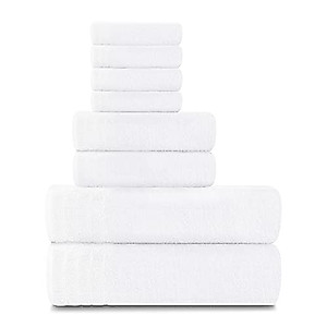 Tens Towels 8 Piece Towels Set, 2 Extra Large Bath Towels, 2 Hand Towels, 4 Washcloths, 100% Cotton, Lighter Weight, Quicker to Dry, Super Absorbent, Perfect Bathroom Towels Set (White)