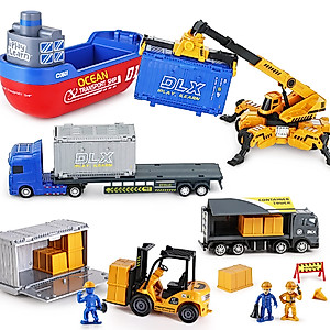 iPlay, iLearn Cargo Truck Toys for 4-5 Year Old Kids, Container Ship Crane Trailer, Transport Logging Trucks, Construction Vehicles Playset W/Forklift Boat, Birthday Gifts for 3 6 7 Boy Toddler Child