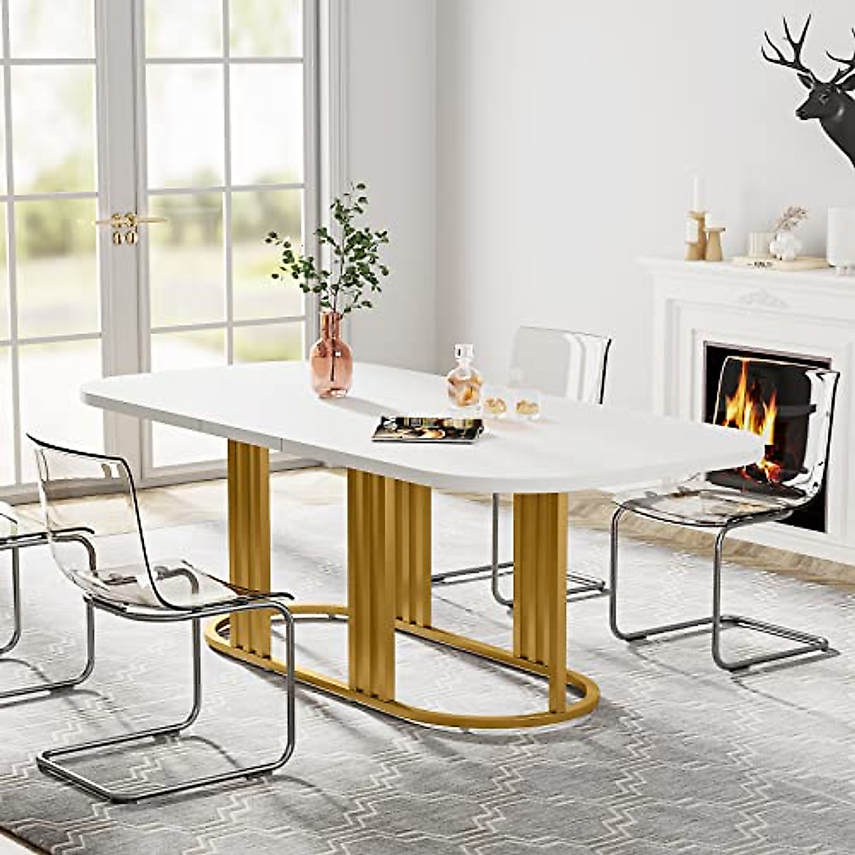 Tribesigns Gold Dining Table for 6, 71” Modern White Kitchen Table, Rectangular Dining Room Table with Heavy Duty Oval-Shaped Metal Frame, White/Gold