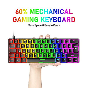 60% True Mechanical Gaming Keyboard Ultra-compact with 20 Rainbow Backlit Type C Wired Programmable 62 Keys Tactile Blue Switch Waterproof Non-Conflict and Gaming Mouse Pad  for PC/Laptop/PS5（Black)