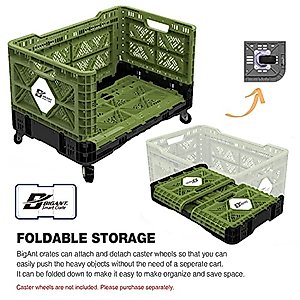 Bigant Heavy Duty Collapsible & Stackable Plastic Milk Crate-Medium Size, Olive, Stackable Open Front Organizer, Set of 1, Snap Lock Foldable Industrial Garage Storage Bin Container Utility Basket