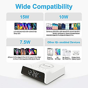 Alarm Clock with 15W Fast Wireless Charging Pad, Snooze Alarm Clock with 4 Brightness 12/24H,Compatible with iPhone,Galaxy, Samsung,LG,Android,AirPods Wireless Charger for Bedroom,Additional USB Port