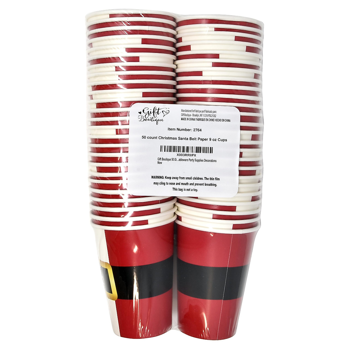 50 Disposable Christmas Santa Belt Cups 9 Oz. Xmas Red & Black Santa's Belts Design Drinking Paper Cup Winter Beverage Drink Dinnerware for Festive Holiday Tableware Party Supplies Decorations