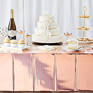 Sparkle and Bash 3 Pack Rose Gold Plastic Tablecloth, Metallic Table Cover Disposable for Pink Birthday Parties, Gender Reveal, Bridal Shower Decorations (54 x 108 in)