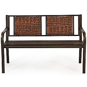 Safstar Outdoor Bench Seat, Metal Garden Bench with Elegant Rattan Backrest & Curved Armrest, 2-Person Loveseat for Front Porch Entry Way Patio Garden, Patio Garden Bench Park Bench Porch Bench