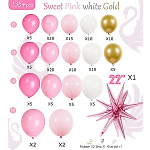 Pink Gold Balloon garland kit 135Pcs Pastel Pink and Gold white balloons for Girl baby shower women Sweet 16/21th Birthday Mother's Day Party Princess theme Decorations