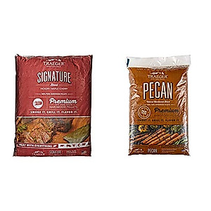 Traeger Grills PEL331 Signature Blend 100% All-Natural Hardwood Pellets (20 lb. Bag) & Grills PEL314 Pecan 100% All-Natural Hardwood Pellets Grill, Smoke, Bake, Roast, Braise and BBQ, 20 lb. Bag