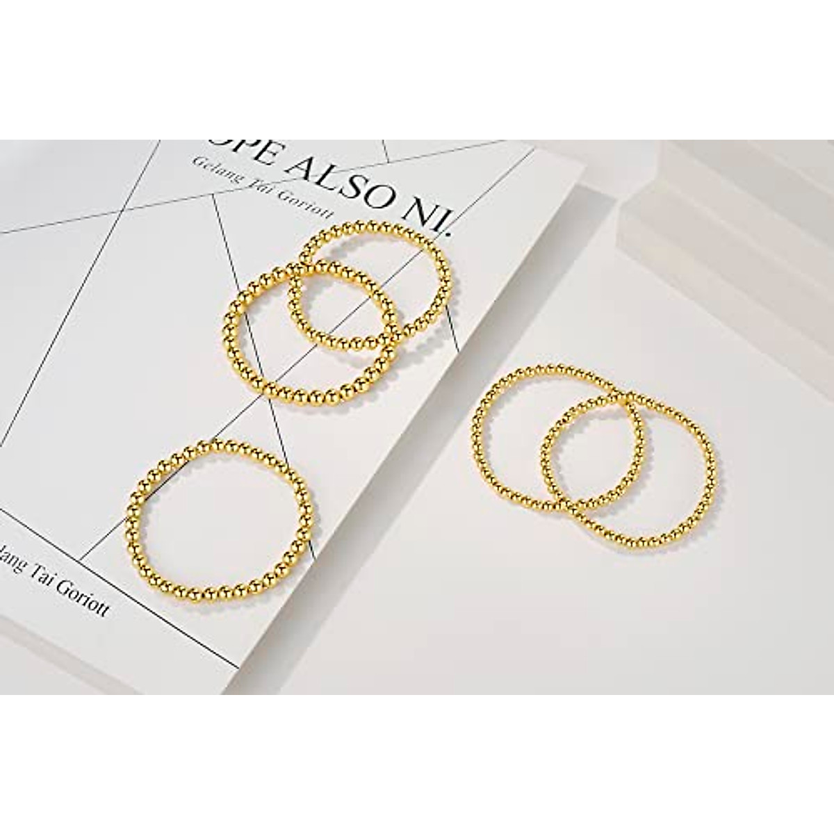 INNMIURRA 5PCS Gold Beaded Bracelet For Women 14K Gold Plated Hypoallergenic Stretch Elastic Bracelet Gifts For Bestfriends, Couple, Family Members