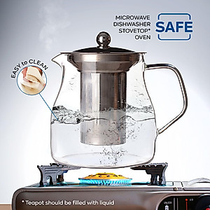 Glass Teapot For Stovetop Safe with Infuser - Borosilicate Glass Tea Kettle with Strainer - 34 oz - For Iced Blooming Loose Tea Pot Maker