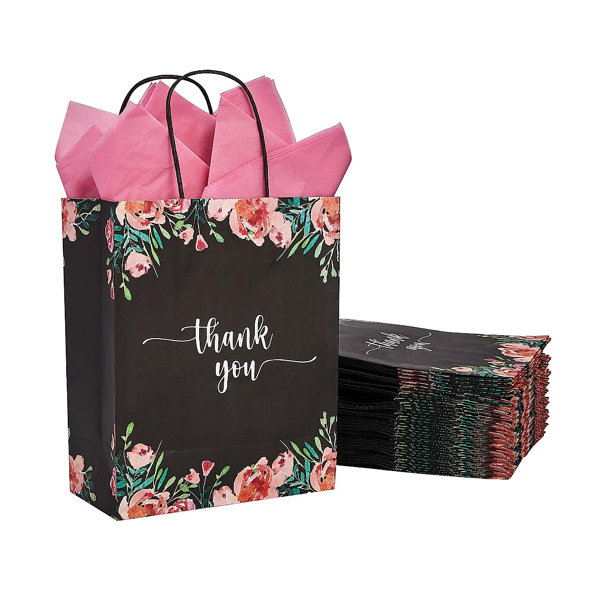 DjinnGlory 50 Pack Medium-Sized Floral Thank You Paper Gift Bags with Handles and Pink Tissue Paper for Boutiques, Weddings, Bridal Showers, Birthday Parties, 10x8x4 Inch (Black & Floral)