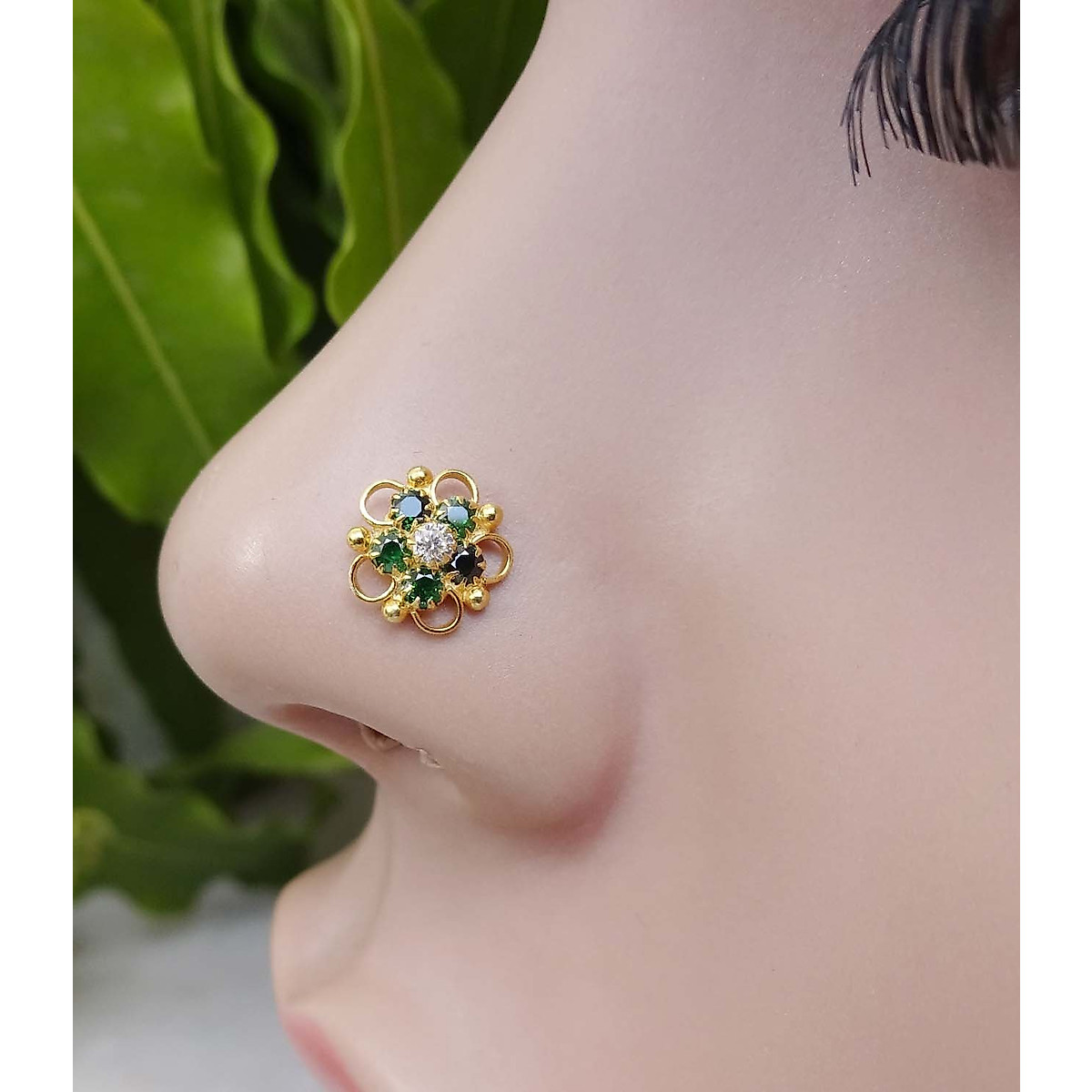 Emerald Nose Stud Crock Screw Flower Ring Gold Unique Indian Piercing CZ Simulated Diamond Jewelry, Green,White,Emerald