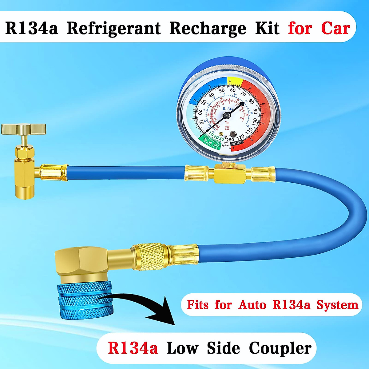 R134A Refrigerator Freon Recharge Hose Kit-R134a AC Refrigerant Charging Guage Hose Set with BPV31 Bullet Piercing Tap Valve and R134a Self-Sealing Adapter, for Home A/C Refrigerant System (Red)