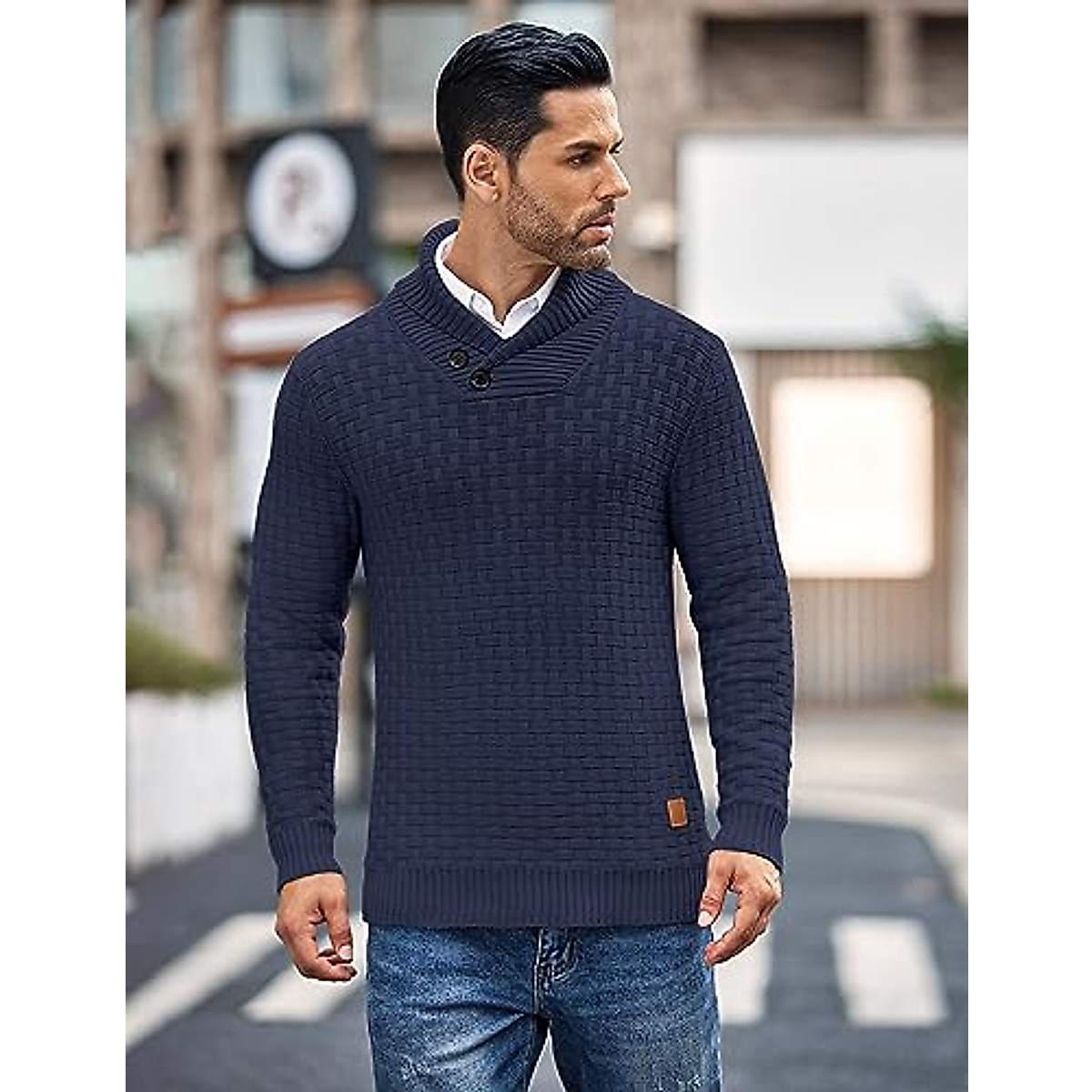 COOFANDY Men's Shawl Collar Sweaters V-Neck Relaxed Fit Basket Knitted Pullovers Navy Blue
