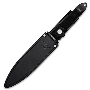 HONSHU Midnight Forge Fighter Knife and Leather Belt Sheath - Stainless Steel Blade, Double-Edged, Rubberized Grip, Steel Guard and Pommel, Non-Reflective Fixed Blade for Tactical Use - Length 13 1/4”