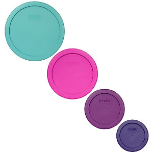 Pyrex (1) 7402-PC Turquoise, (1) 7201-PC Pink, (1) 7200-PC Thistle Purple, & (1) 7202-PC Plum Purple Round Plastic Food Storage Replacement Lids, Made in the USA