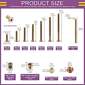 Swpeet 192Pcs M6 × 20/30/40/50/60/70/80mm Color Zinc Hex Socket Head Cap Crib Baby Bed Bolt and Threaded Insert Nuts with Flange Nuts and 4 Pronged Tee T Nuts Kit with Allen Wrench