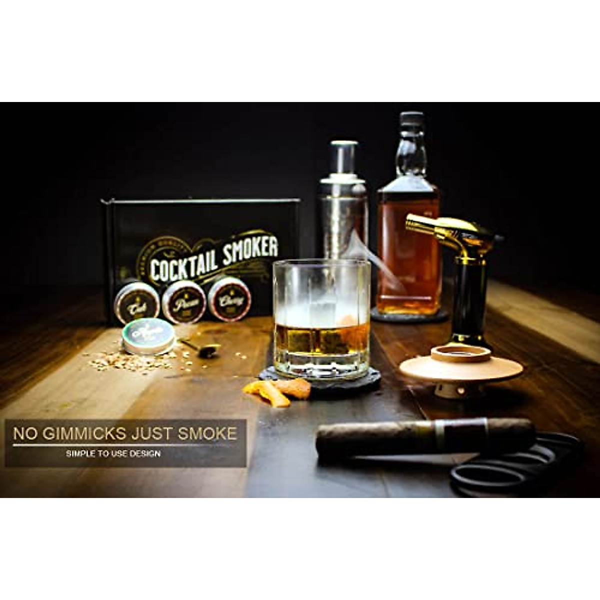Cocktail Smoker Kit | Old Fashioned, Whiskey, Bourbon Cocktail Smoker Kit with Torch, Ice Stones, and Four Flavors of Wood Chips | Gift for Birthdays/Father's Day/Christmas. (No Butane)