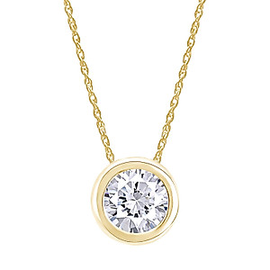 THE JEWEL ZONE 14K Solid Yellow Gold Pendant Necklace, Bezel Set 1 Carat Round Cut Cubic Zirconia Solitaire Pendant Necklace For Women With 18" Gold Chain necklace