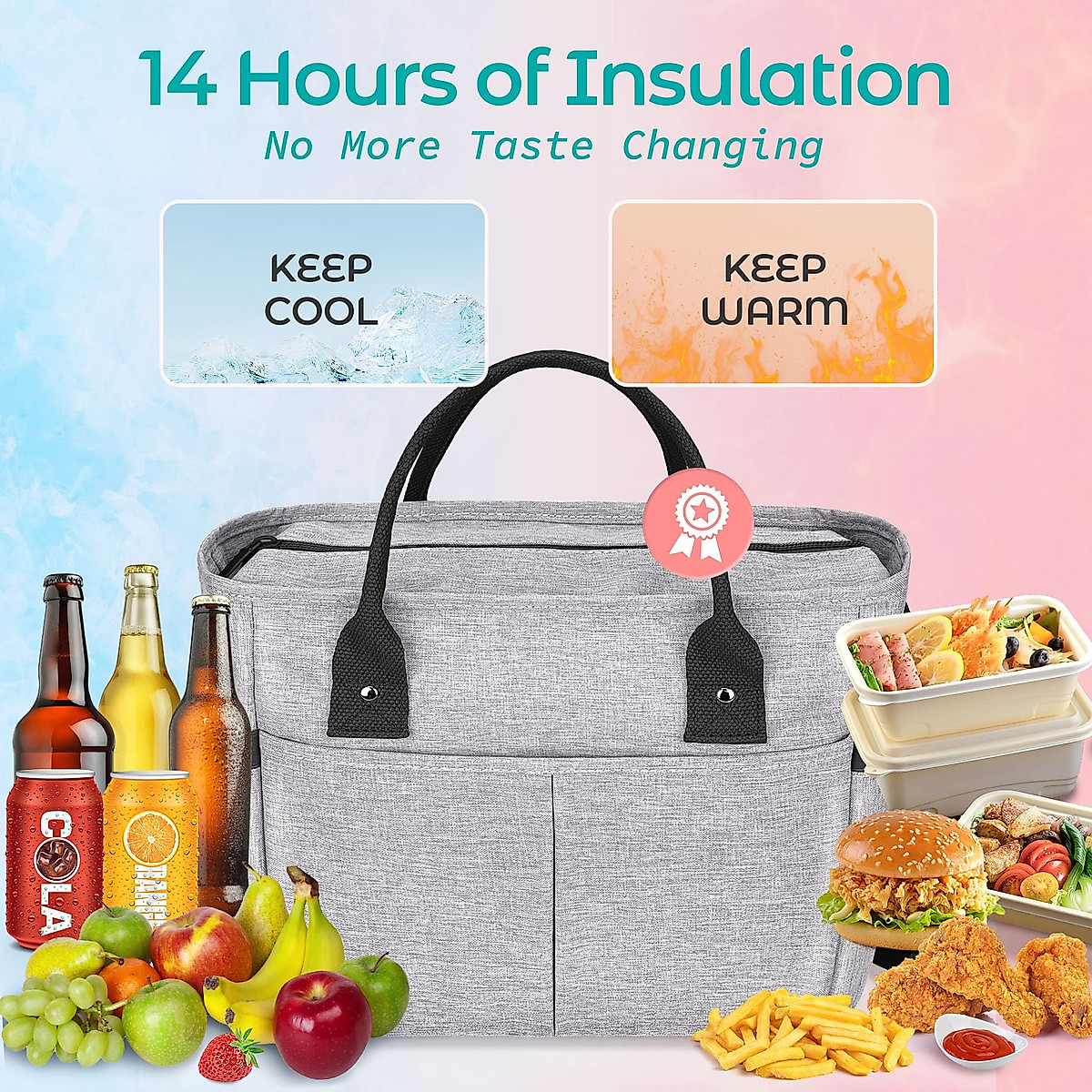 KIPBELIF Insulated Lunch Bags for Women - Large Tote Adult Lunch Box for Women with Shoulder Strap, Side Pockets and Water Bottle Holder, Gray, Normal Size