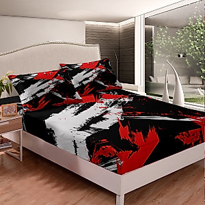 jejeloiu Geometric Abstract Bed Sheets Set Kids Geometry Strip Sheet Set Modern Sheets with Deep Pocket Fitted Sheet for Boys Room Decor Lightweight Retro Art Red Black Grey Bedding Set Full Size