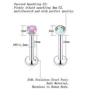 16G Lip Rings For Women Stainless Surgical Steel Labret Jewelry Monroe Lip Ring Medusa Piercing Jewelry Tragus Helix Cartilage Forward Earring Piercing Jewelry For Women CZ 3MM Opal Silver 10MM