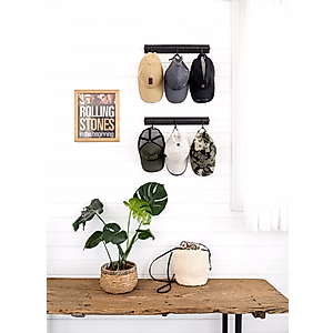 Mkono Hat Rack for Wall Wooden Baseball Caps Organizer with 20 Hooks Rustic Cowboy Hat Hanger Wall Mounted Caps Display Rack for Closet Bedroom Entryway, Set of 2, Black