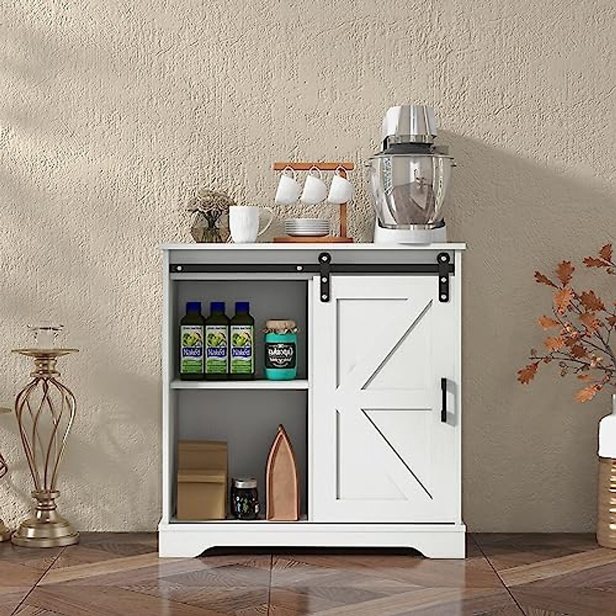 Panana Sliding Barn Door Buffet Sideboard Storage Cabinet Coffee Bar Kitchen Farmhouse Style (White Cabinet)