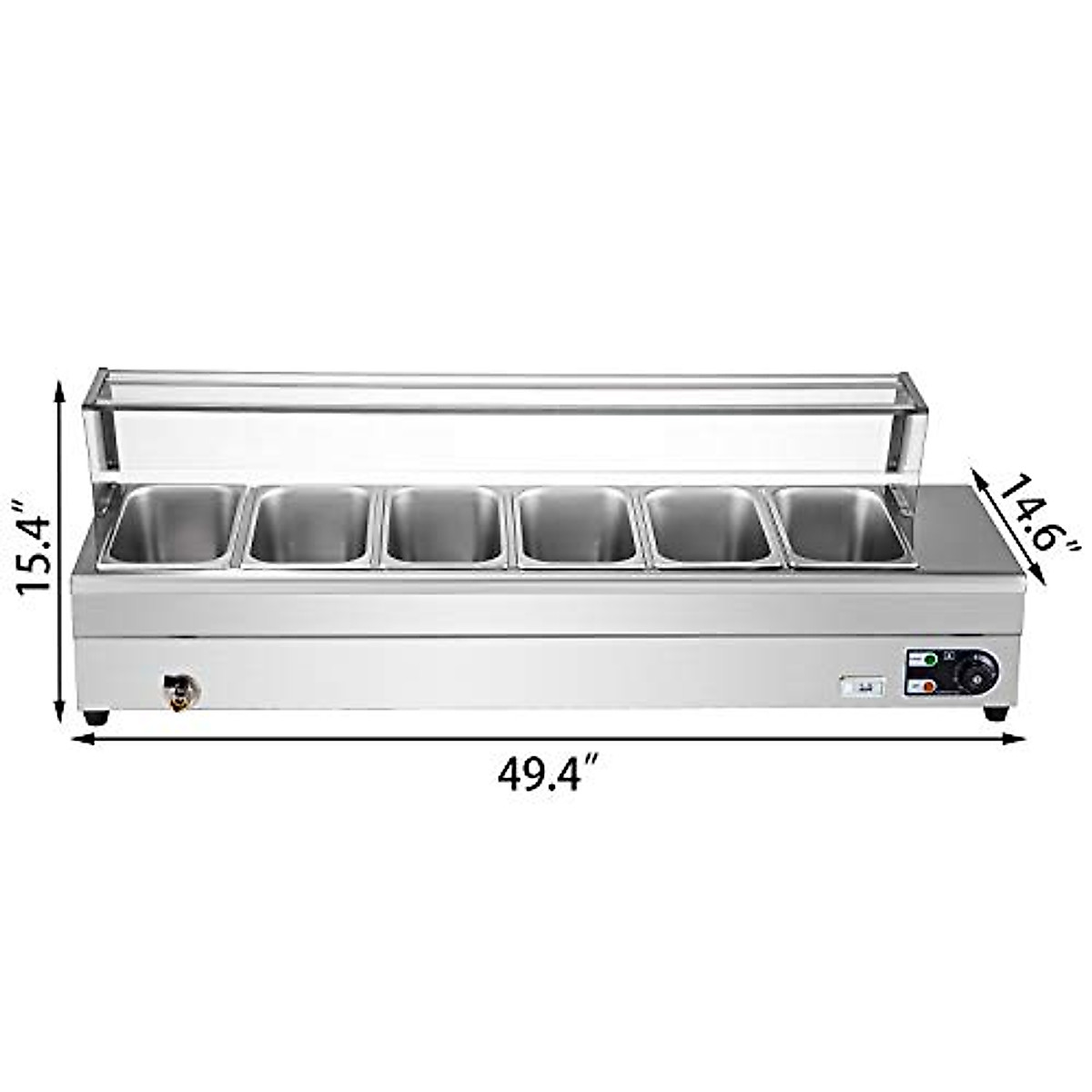 VEVOR 110V Bain Marie Food Warmer 6 Pan x 1/3 GN, Food Grade Stainelss Steel Commercial Food Steam Table 6-Inch Deep, 1500W Electric Countertop Food Warmer 42 Quart with Tempered Glass Shield