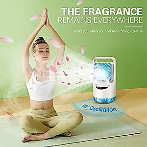 HeaBoom 90° Auto Oscillation Portable Air Conditioner, 4000mAh Rechargeable Evaporative Cooler Humidifier, Mini Conditioner with 7 Color Lights, Aroma Discs, Desk Cooling Fan, White