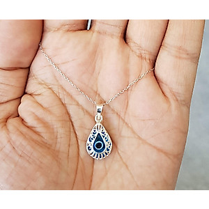 MYSTIC JEWELS By Dalia - 925 Sterling Silver Glass Evil Eye Drop Shape Filigree Pendant with Silver Chain
