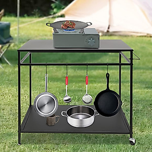 Mobile Double-Shelf Outdoor Grill Cart, Portable Dining Cart Table with Hooks and Handles, Steel Pipe Dining Table for Pizza Oven, Portable Grill Table with Storage Space, Black