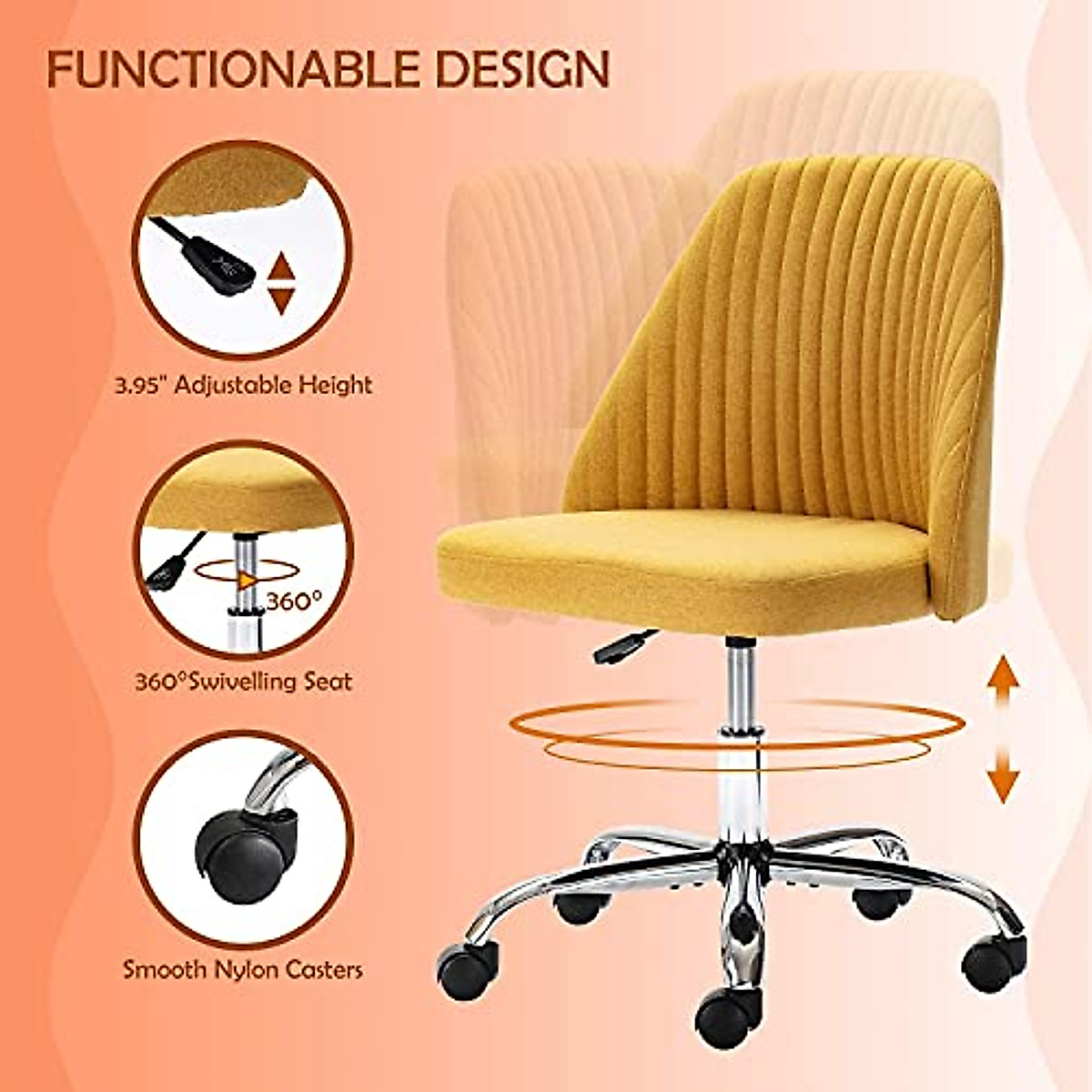 HOMEFLA Home Office Chair, Modern Linen Fabric Chair Adjustable Swivel Task Chair Mid-Back Cute Upholstered Armless Computer Desk Chair with Wheels for Bedroom Studying Room Vanity Room (Yellow)