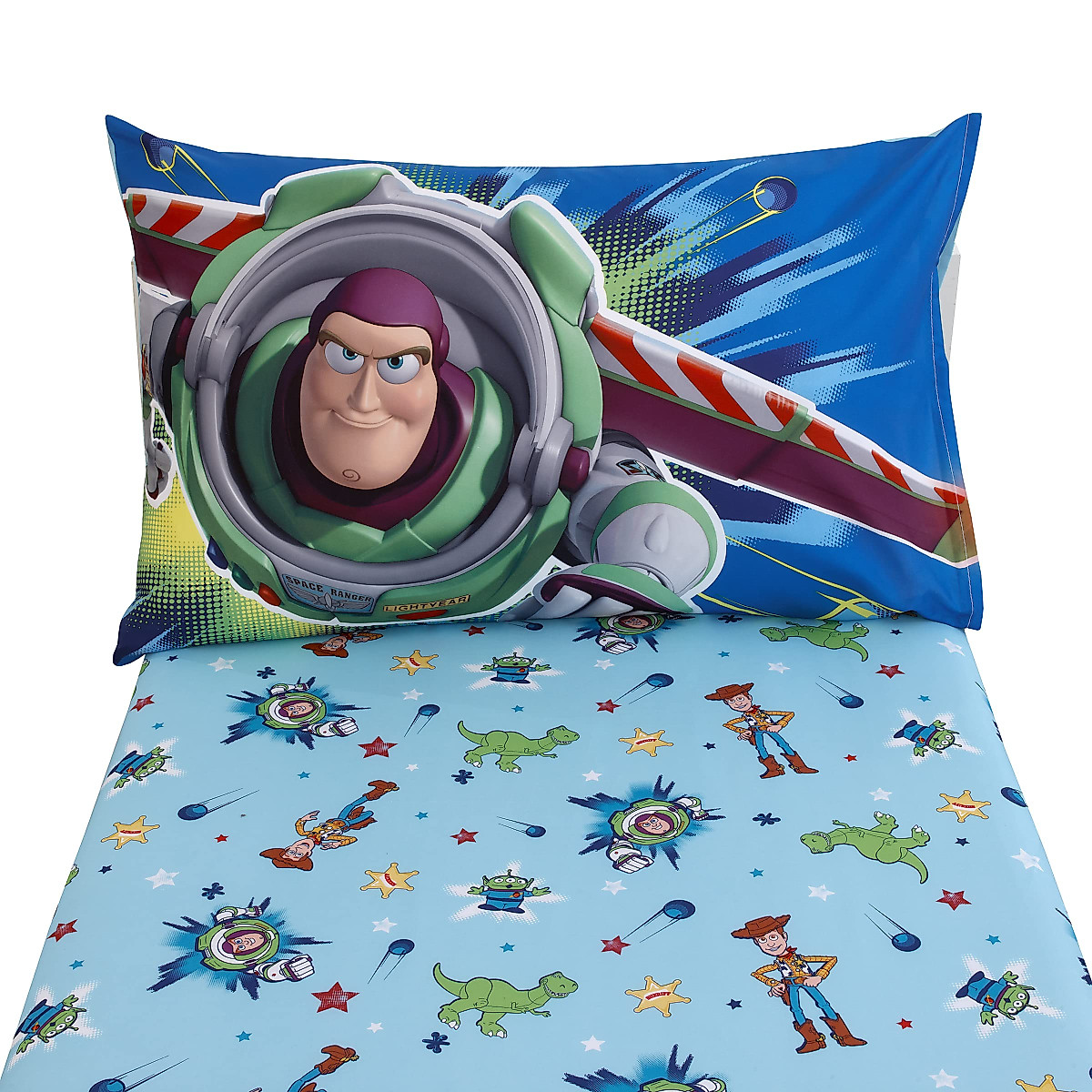 DISNEY Toy Story Power Up 2 Pack Fitted Sheet and Pillowcase Toddler Sheet Set, Blue/Green