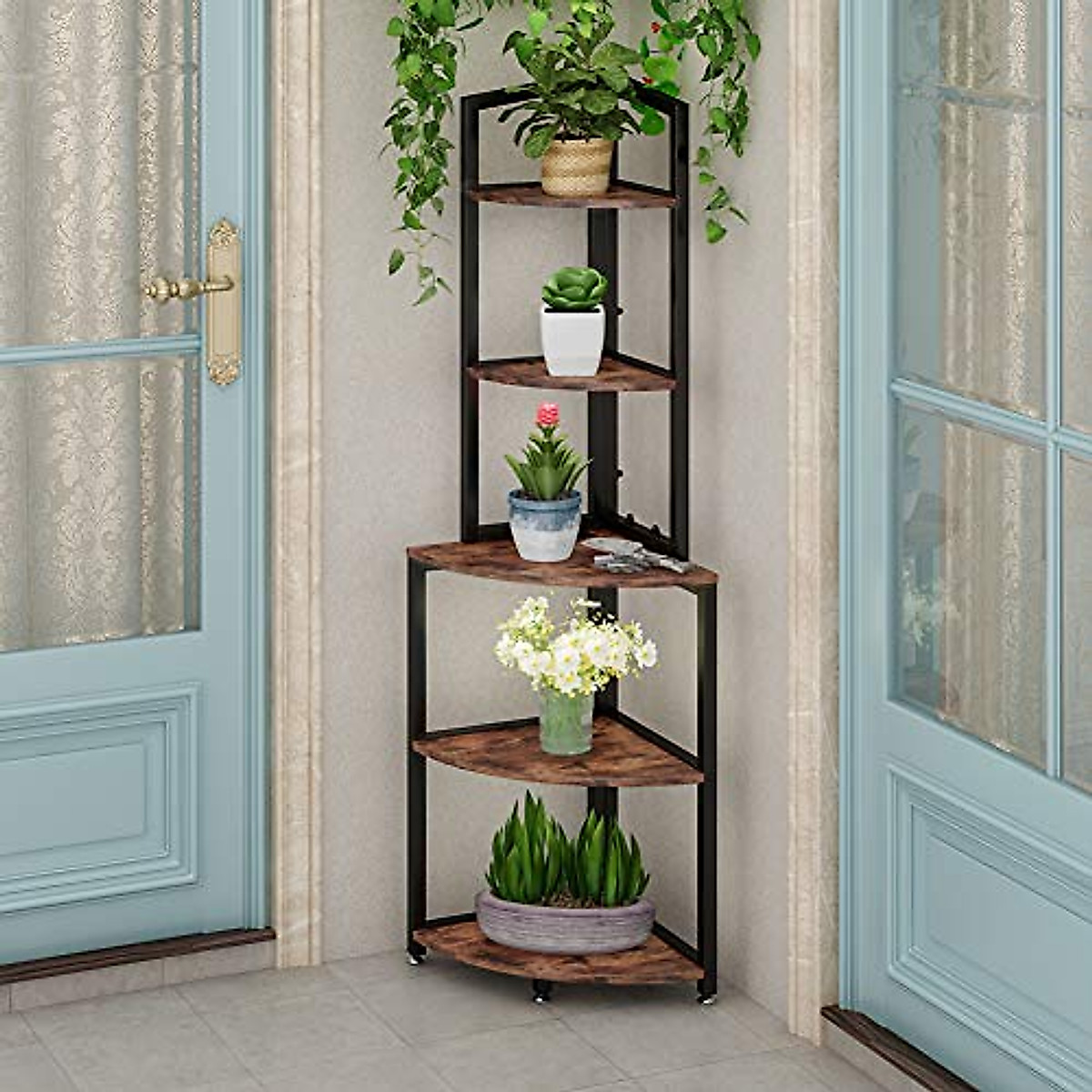 Tribesigns 5-Tier Corner Shelf, 60 Inch Corner Bookshelf Small Bookcase for Living Room, Industrial Corner Storage Rack Plant Stand with Metal Frame for Home Office