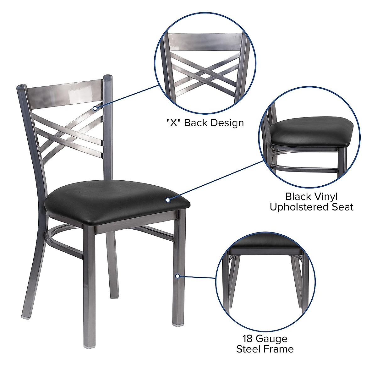 Flash Furniture HERCULES Series Clear Coated ''X'' Back Metal Restaurant Chair - Black Vinyl Seat