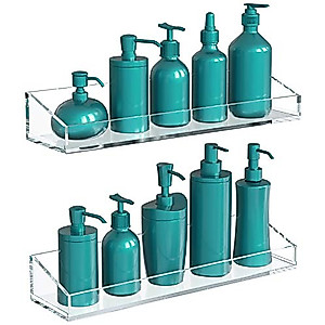 Vdomus Acrylic Bathroom Shelves, Acrylic Shelf Transparent Wall Mounted, No Drilling Extra Thick Acrylic Shower Shelf, Clear Storage Display Shelving, 2 Pack