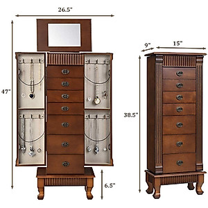 Hysache Jewelry Cabinet, Freestanding Jewelry Armoire Storage Chest w/ 7 Drawers, 2 Swing Doors, 12 Necklace Hooks, Large Capacity Wooden Jewellery Box Organizer for Bedroom Living Room