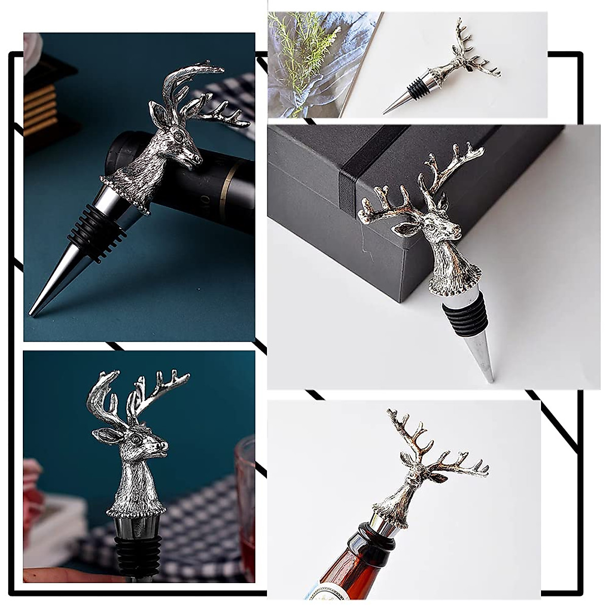 Wine Bottle Stopper Airtight Seal-Decorative Deer Stainless Steel Antlers Animal Elk Black Bottle Topper for Wine &Beverage Plug
