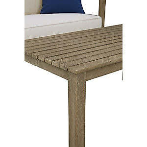 Signature Design by Ashley Outdoor Fynnegan Patio Eucalyptus Loveseat & Coffee Table, Beige with Blue Pillows