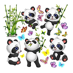 Panda Bamboo & Butterfly Wall Decals,Peel and Stick Removable Animal Wall Stickers for Kids Children Bedroom Nursery Home Decor(11x10in)