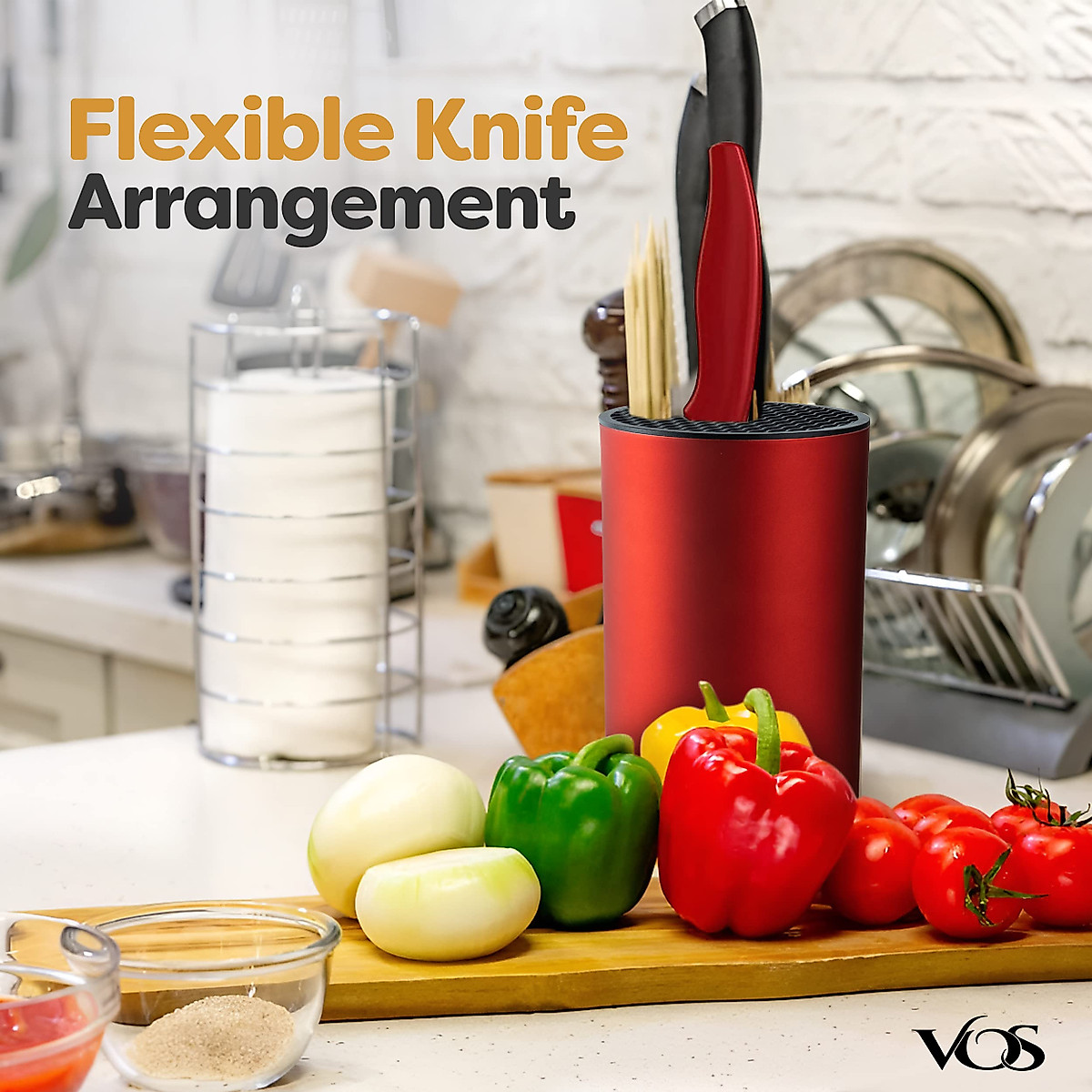 Vos Universal Knife Block and 8 Inch Ceramic Chef Knife Red